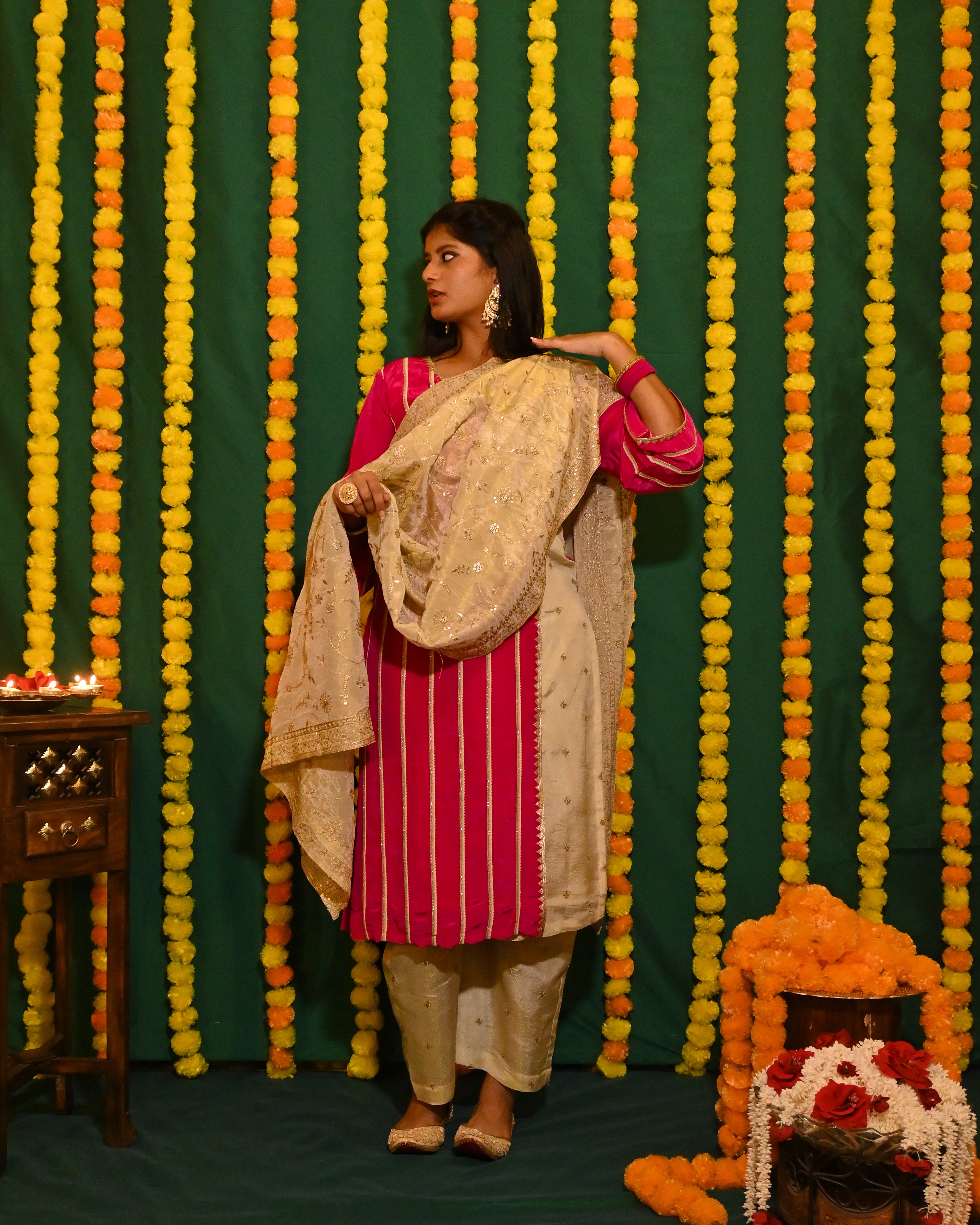 Mahira: Magenta and Cream Tissue and Crepe Kurta with Pants and Dupatt ...